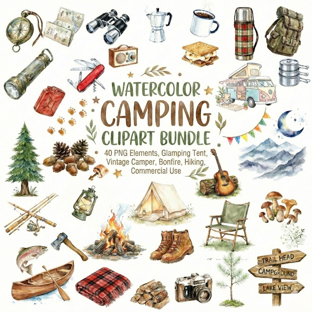 Watercolor Camping Clipart, Glamping Tent, Vintage Camper, Bonfire ...