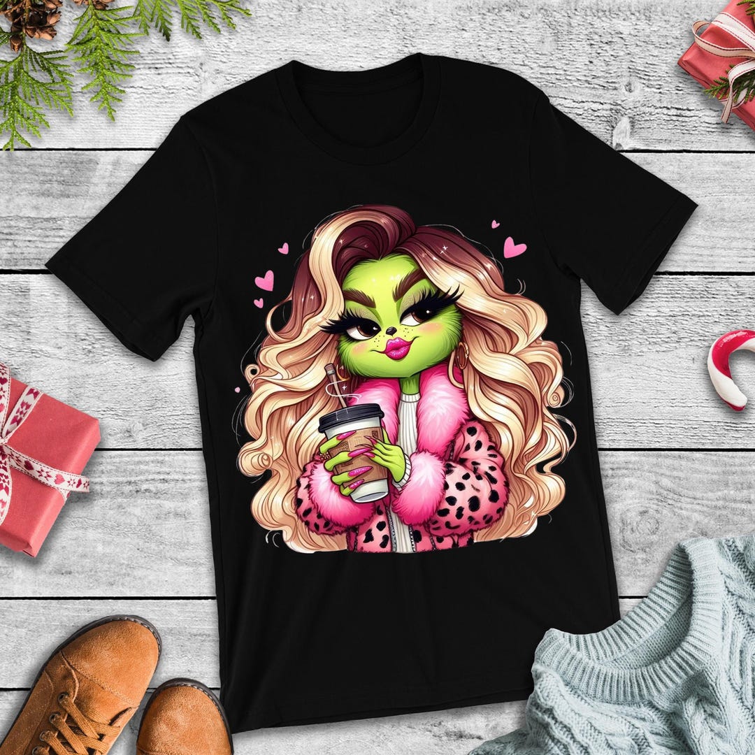Bougie Grinch Girl PNG Design With Coffee Cup, Pink Leopard Jacket and ...