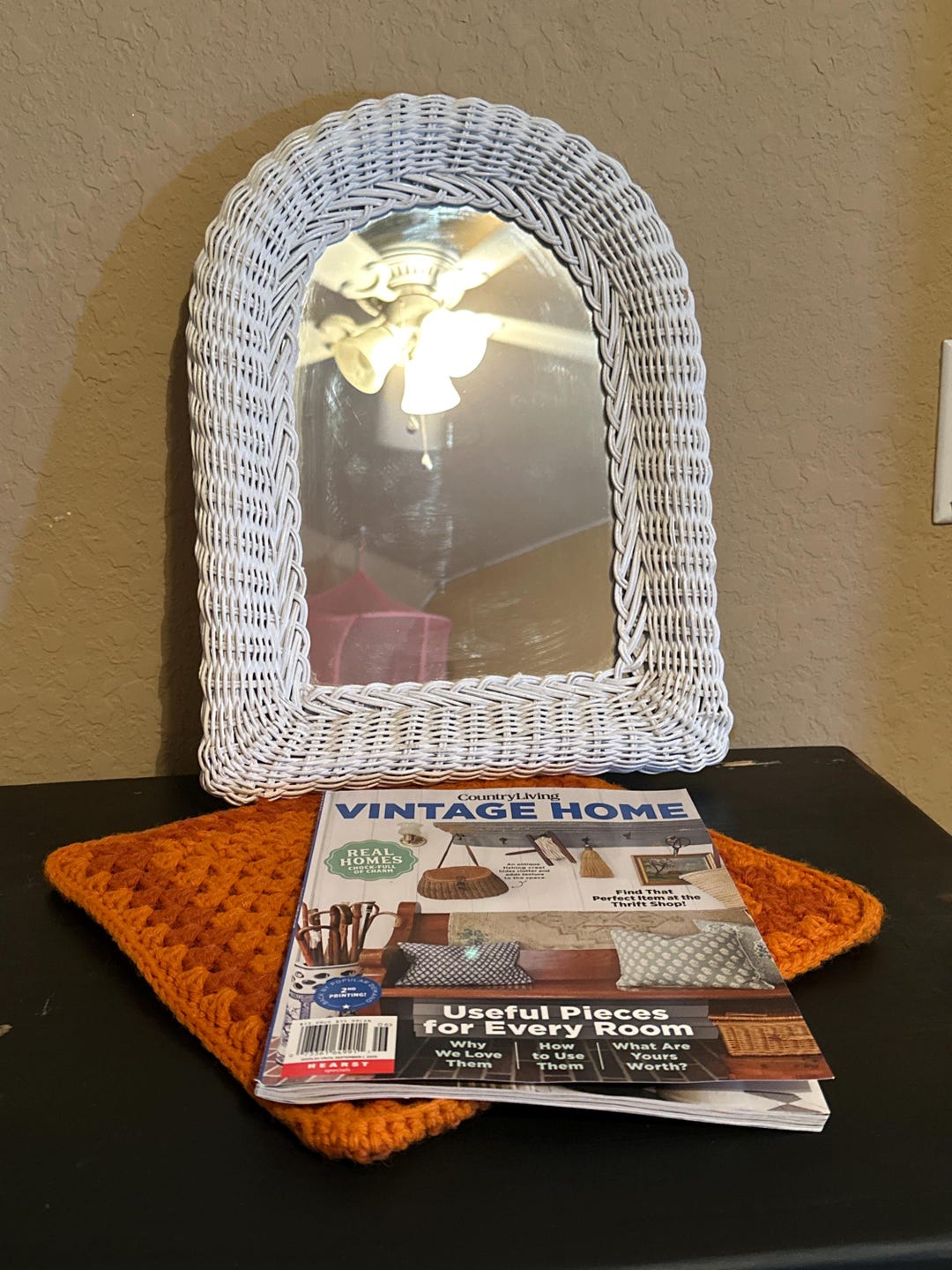 Vintage Arched Wicker Mirror, White Rattan Wall Hanging - Etsy