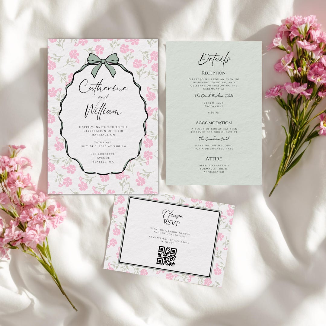 Cottagecore Wedding Invitation Template: Pink Floral Bow (digital ...