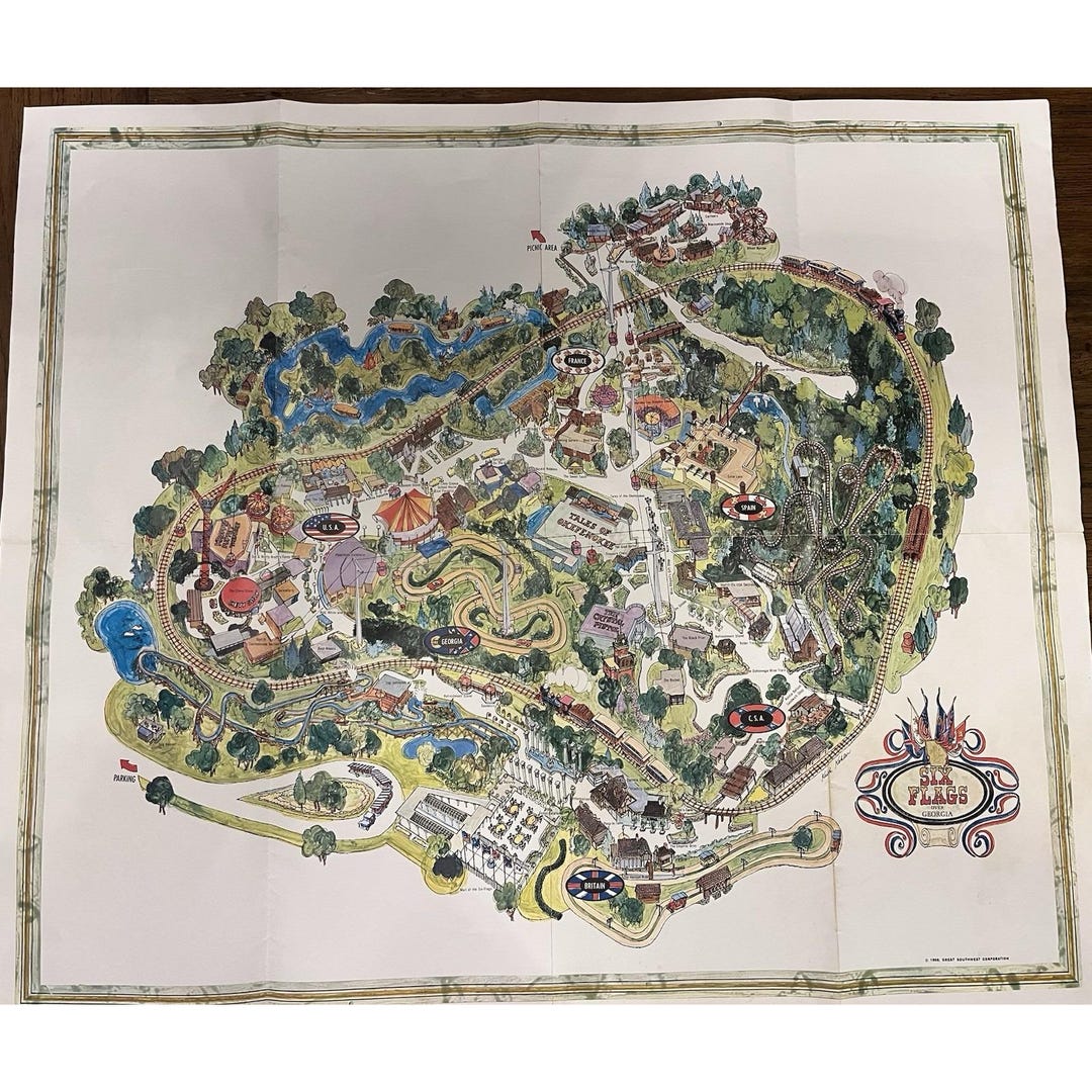Vintage 1969 Six Flags Over Georgia Amusement Park Souvenir Map - 28.5 ...
