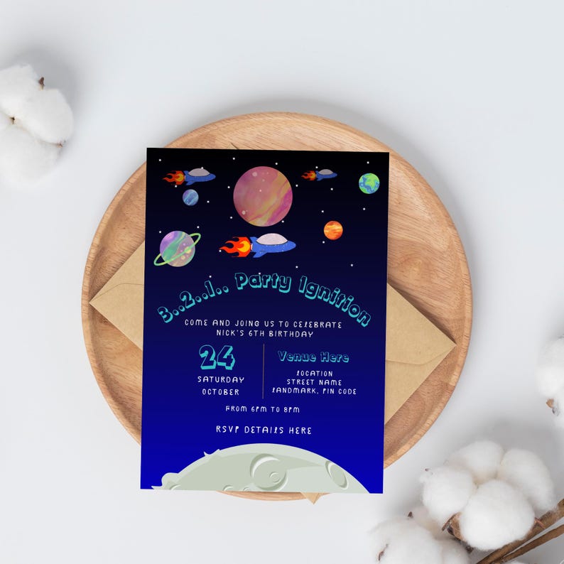 Outer Space Birthday Card for Boys, Editable Rocket & Planet Invitation ...