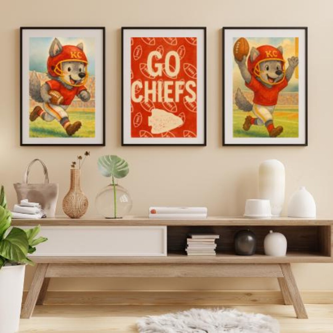 Kansas City Chiefs Watercolor Football Wall Art Set – Cartoon Wolf ...