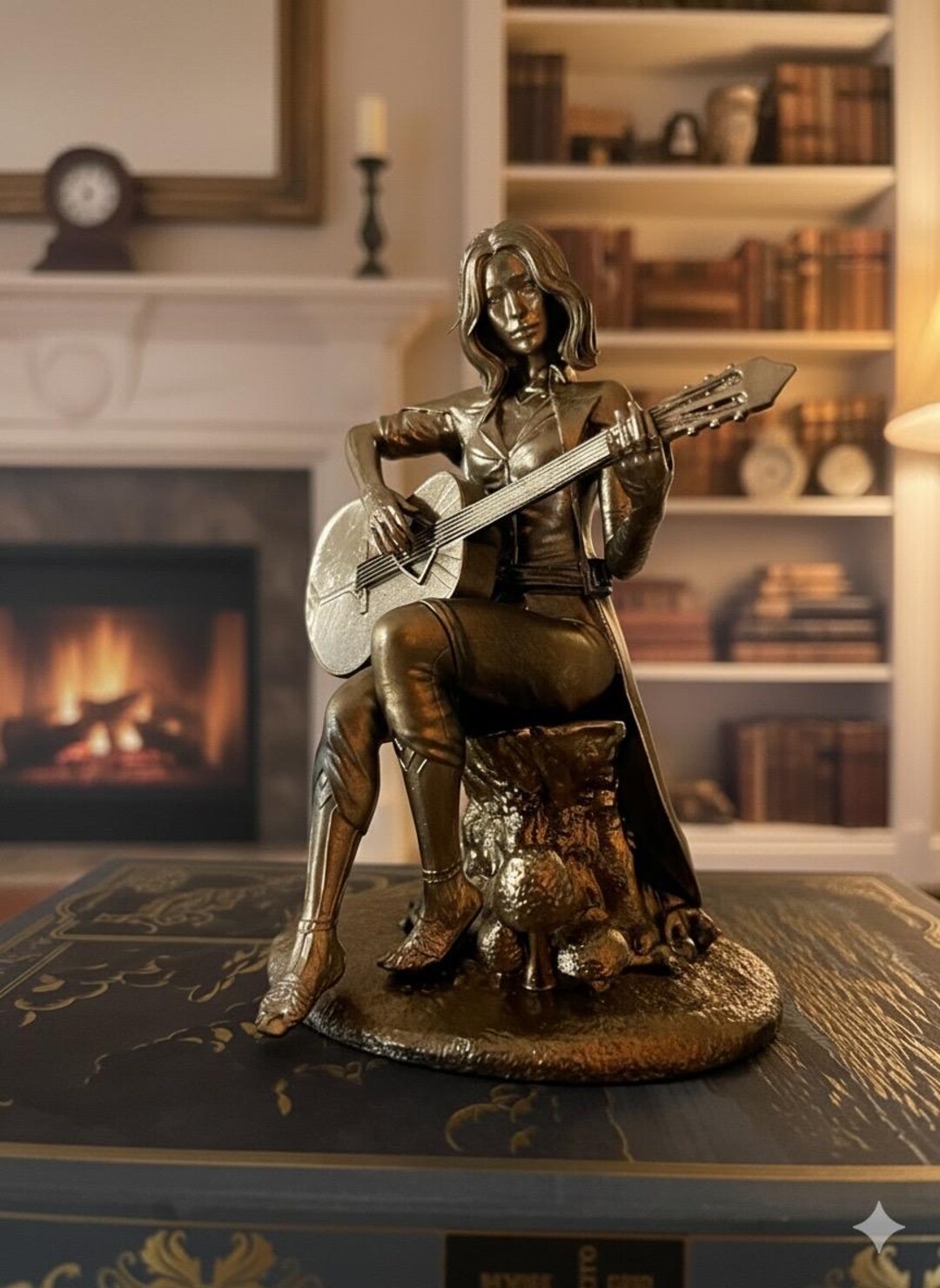 Gold Moon of Chiaroscuro, Female Guitarist Sitting on a Tree Trunk ...