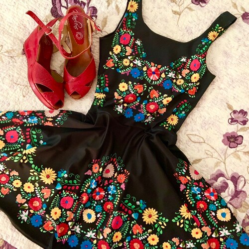 Maya Fit and Flair With Pockets Mexican Embroidery PRINT Dress - Etsy