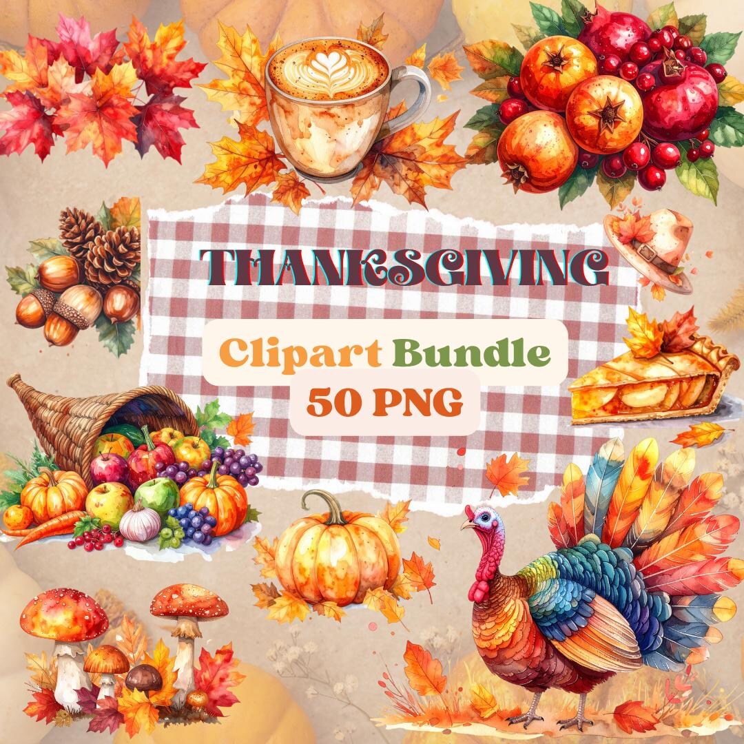 Thanksgiving Watercolor Clipart Bundle: 50 PNG Fall Graphics (digital ...
