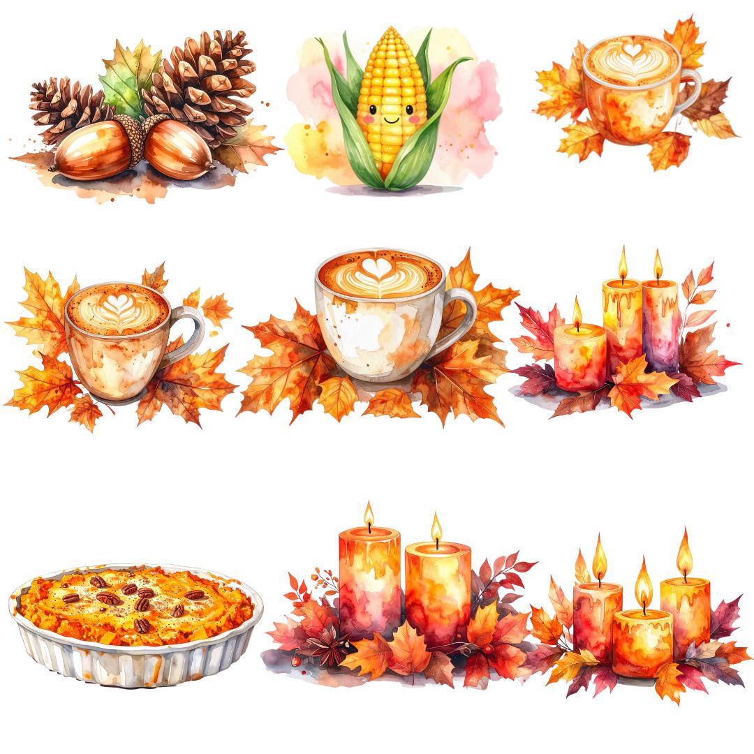 Thanksgiving Watercolor Clipart Bundle: 50 PNG Fall Graphics (digital ...
