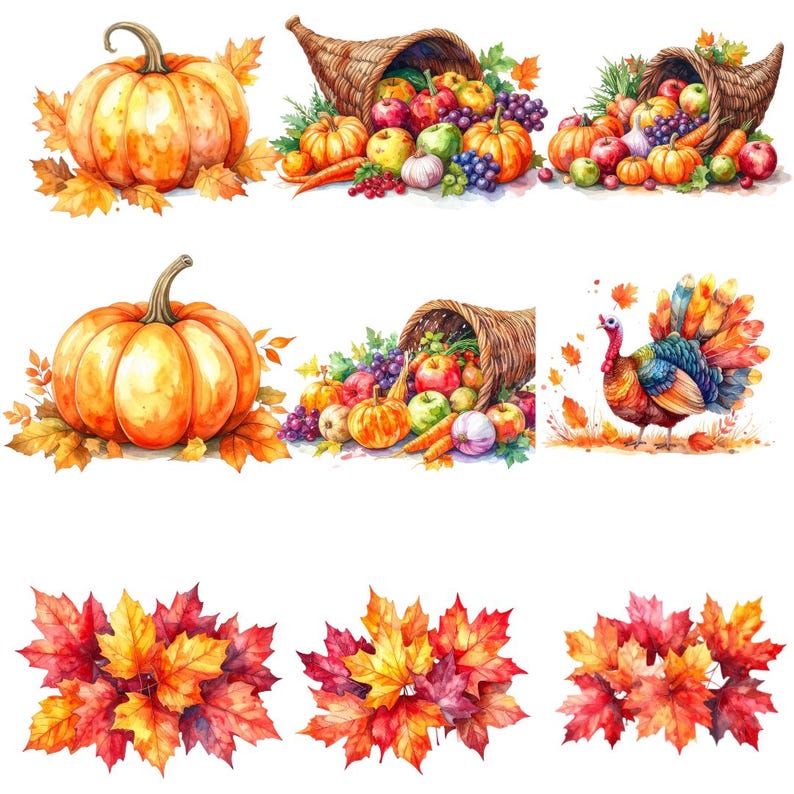 Thanksgiving Watercolor Clipart Bundle: 50 PNG Fall Graphics (digital ...
