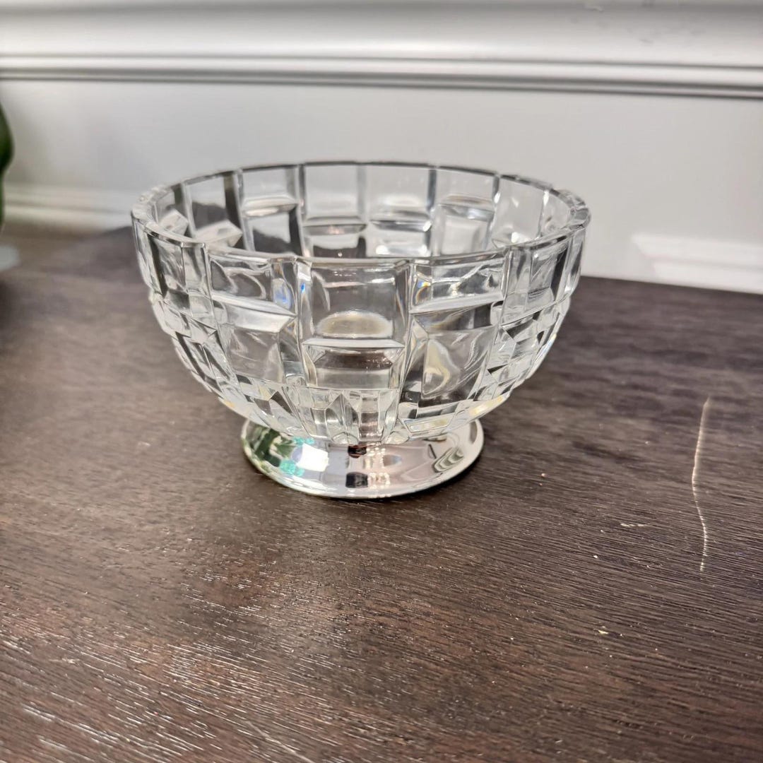 Crystal Footed Bowl With Silver Base - 5.25" Diameter, Geometric Cut - Etsy