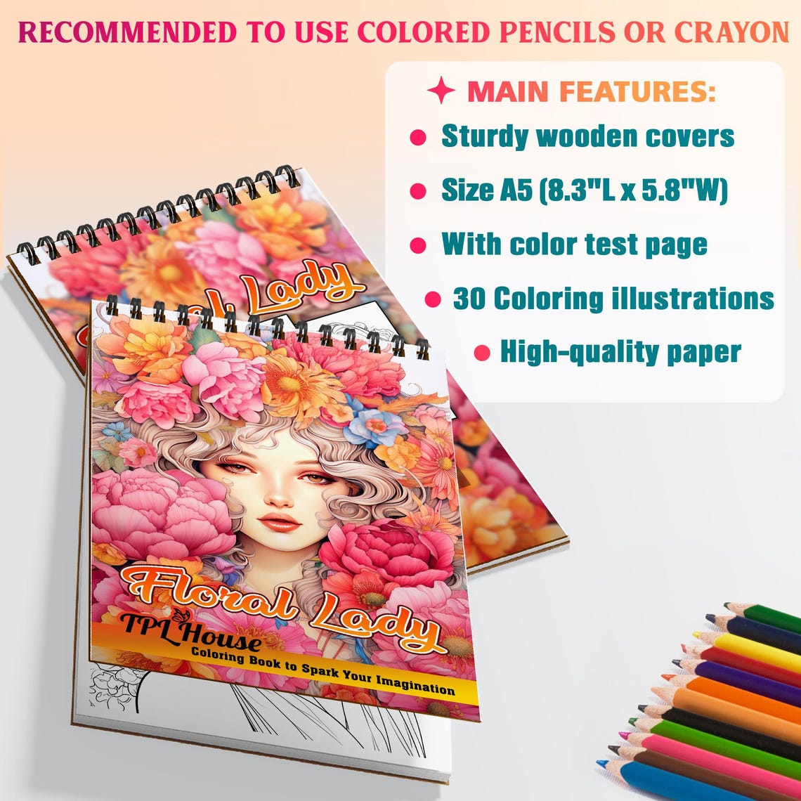 Floral Lady Coloring Book: Wooden Cover, Spiral Bound - Handmade Art ...