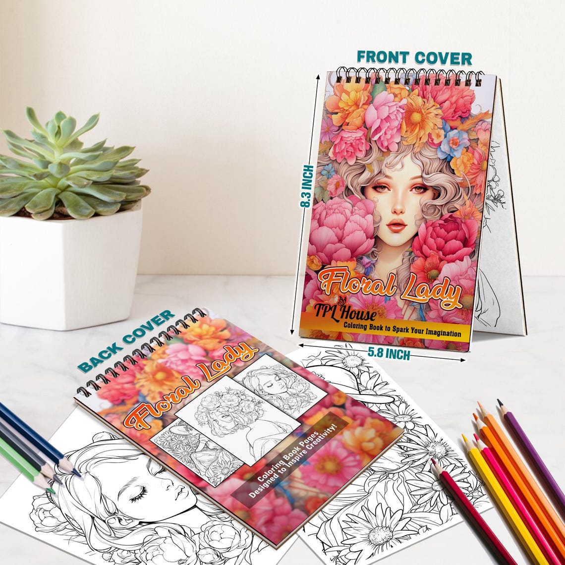 Floral Lady Coloring Book: Wooden Cover, Spiral Bound - Handmade Art ...