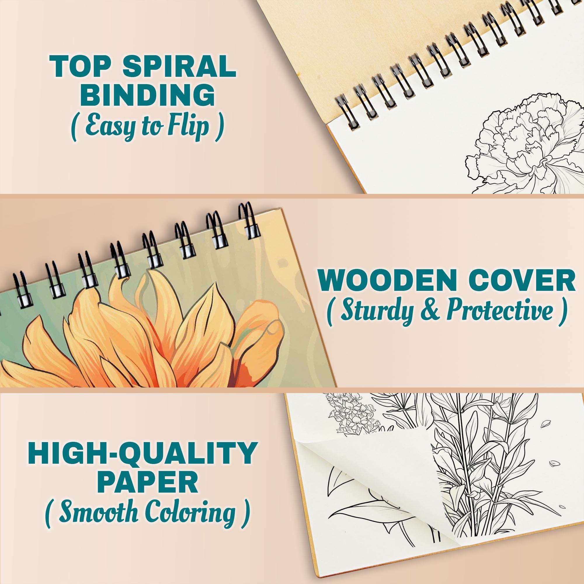 Floral Coloring Book: A5 Large Print, Wooden Cover, Spiral Bound - Etsy
