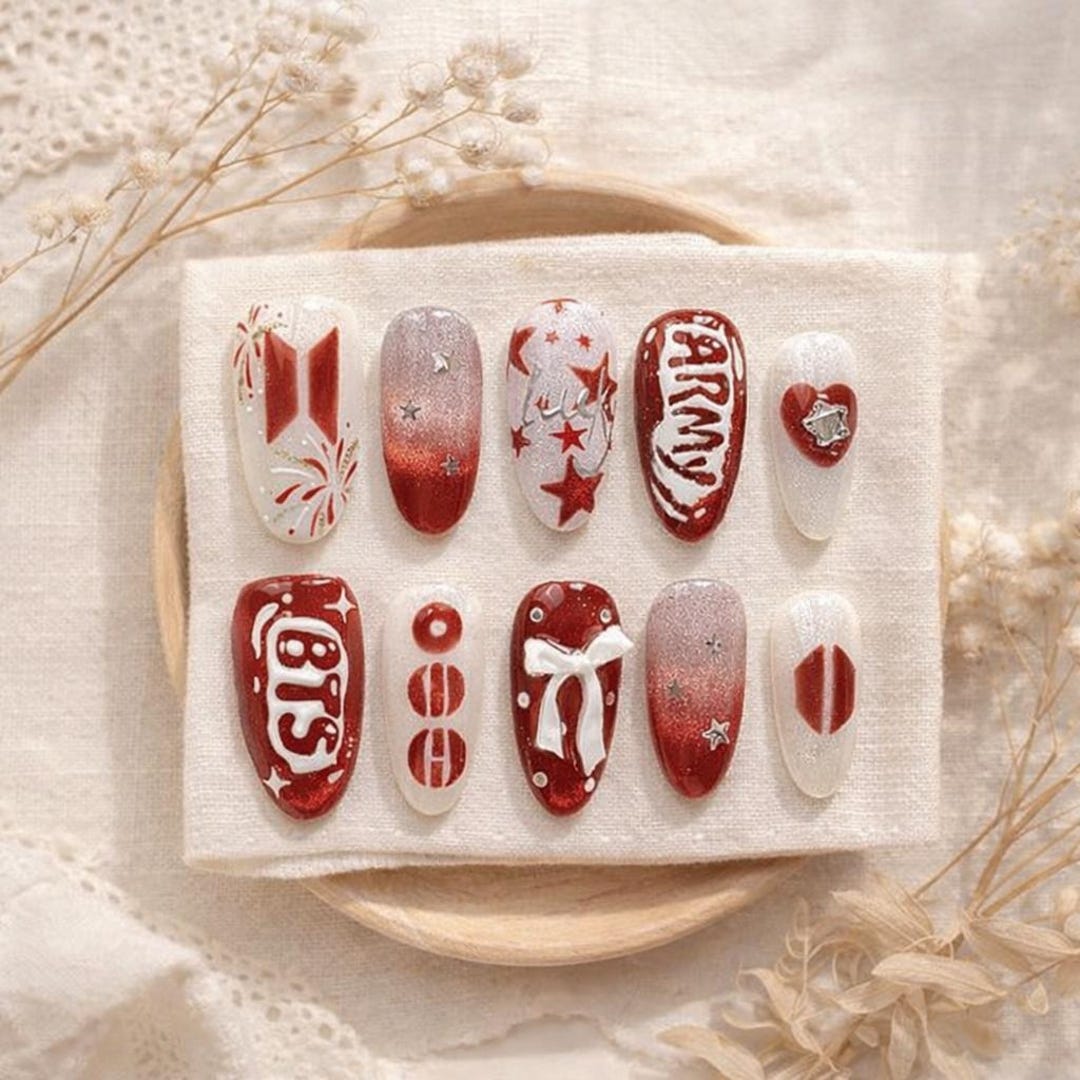 Kpop Press on Nails Red White Kpop Nail Set Handmade Gel Nails Glitter ...