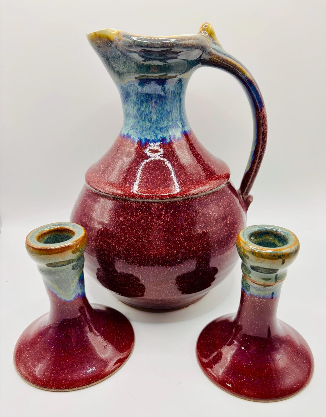 Vintage David Hough Oregon Pottery Blue Purple Pitcher & Candle Holders ...