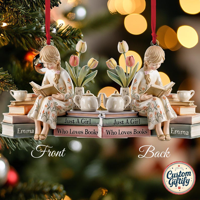 Personalized Book Lover Christmas Ornament, Custom Reading Girl Gift ...