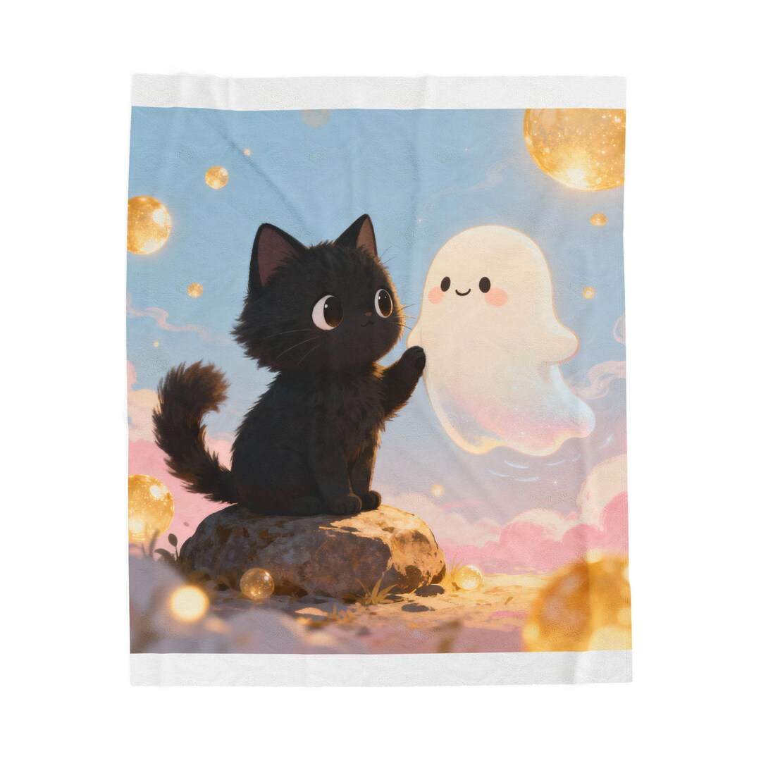 Whimsical Cat and Ghost Plush Blanket, Cozy Throw for Cat Lovers, Cute ...