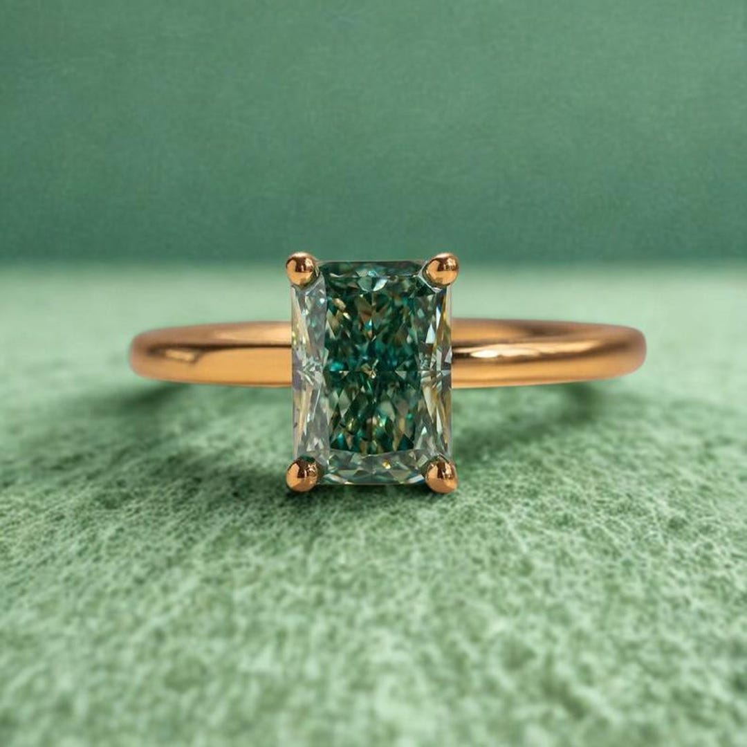 Minimalist 2.50 CT Green Iced Out Radiant Cut Moissanite Ring, 18K ...
