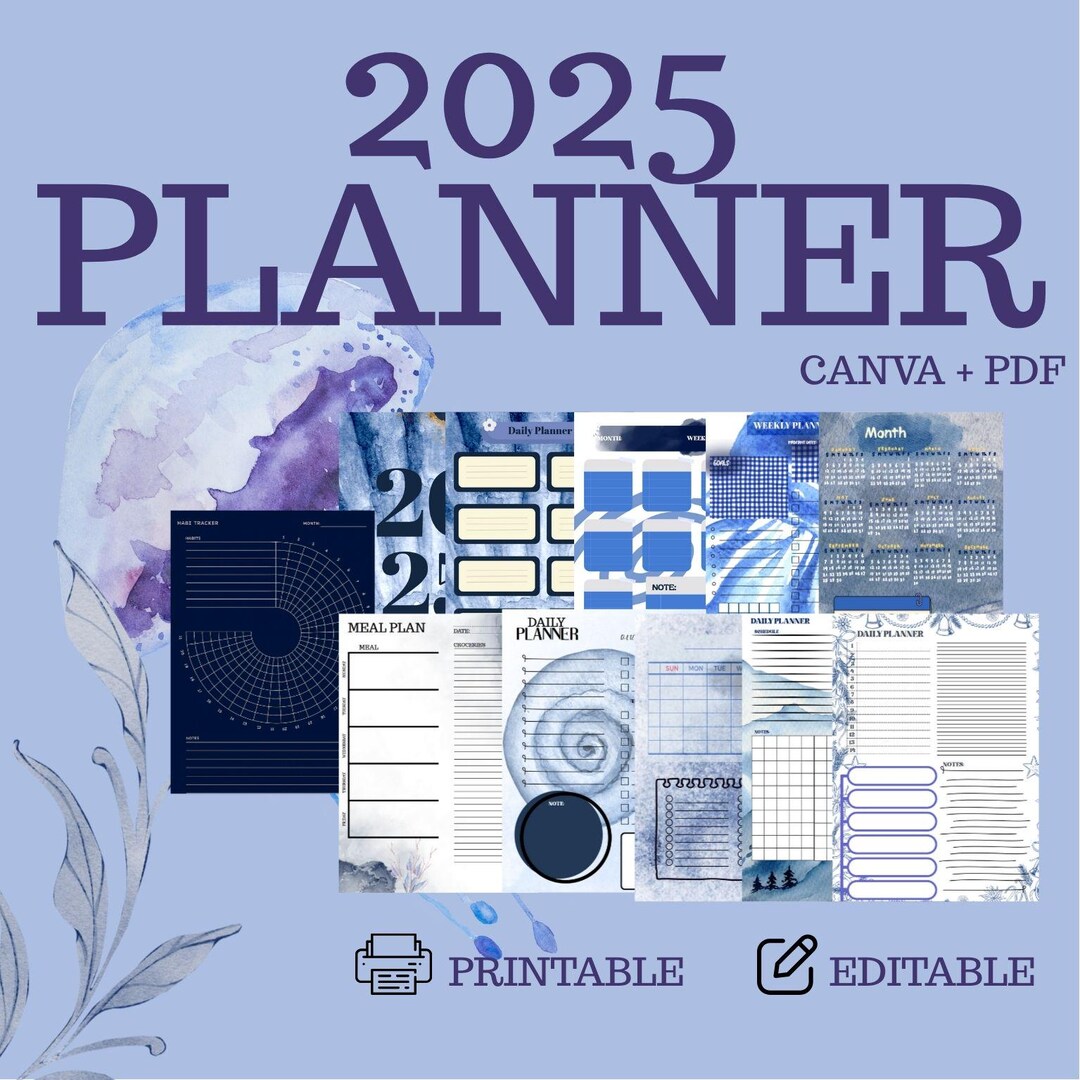 2025 Digital Planner Navy Blue | Daily Weekly Monthly Organizer | Canva ...