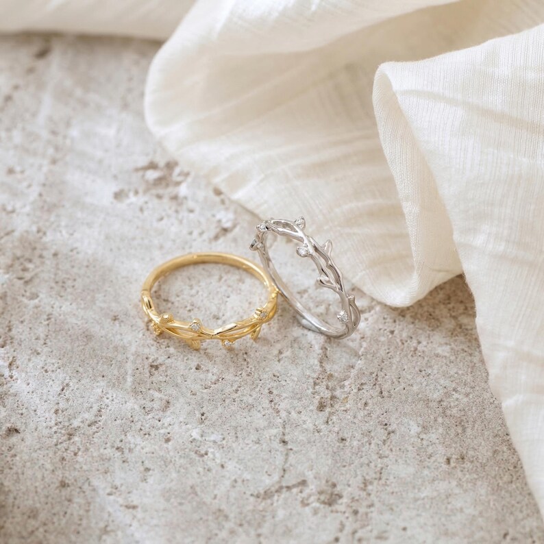 Moissanite Twig Engagement Ring, Sterling Silver 18K Gold Floral Band ...