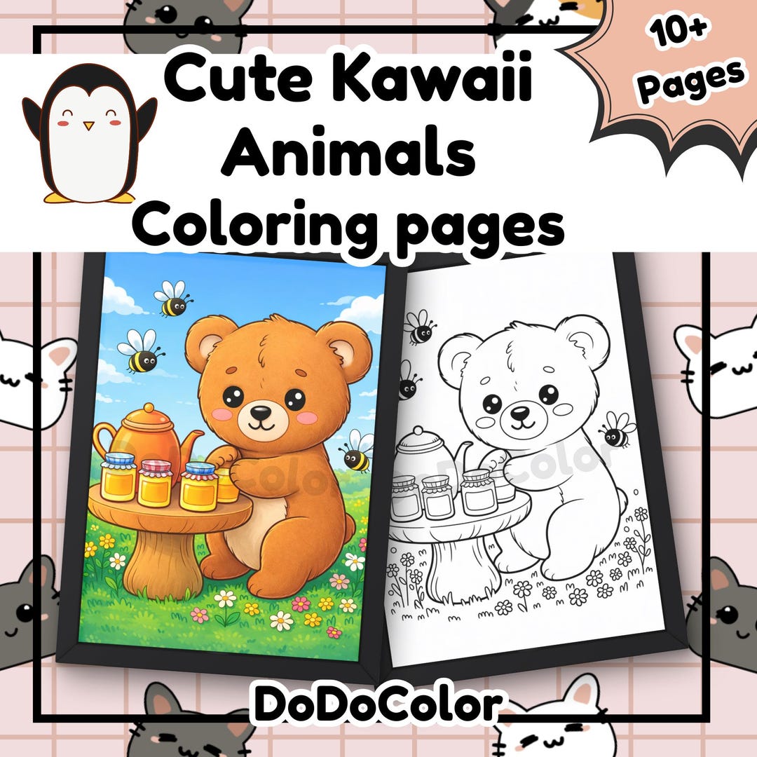 Adorable Kawaii Animal Coloring Pages for Kids & Adults - Etsy
