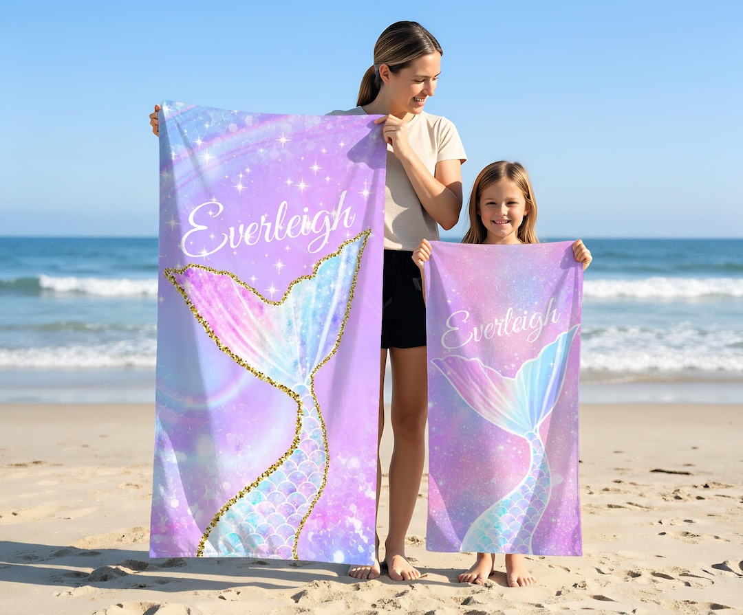 Mermaid Tail Custom Name Beach Towel,personalized Mother & Daughter ...