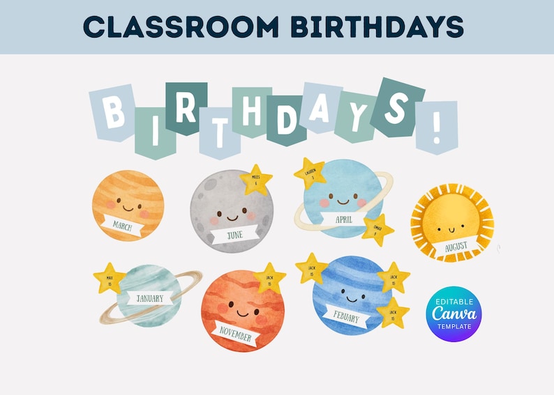 Editable Cute Space Classroom Birthday Display | Sweet Planet Birthday ...