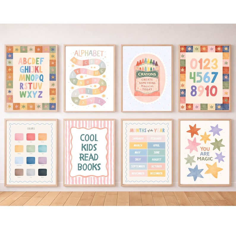 Mid Century Kids Educational Poster Set Vintage Nursery Wall Art ...