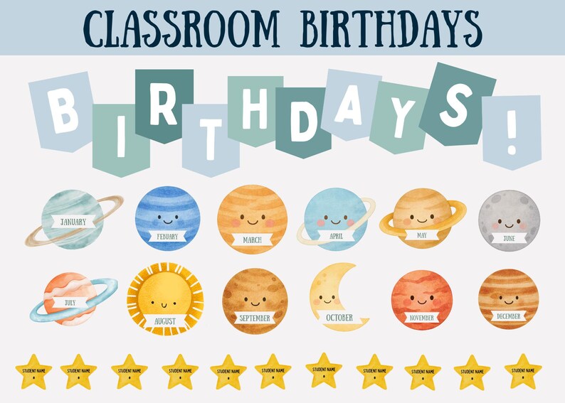 Editable Cute Space Classroom Birthday Display | Sweet Planet Birthday ...