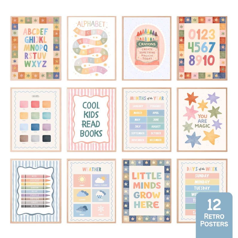 Mid Century Kids Educational Poster Set Vintage Nursery Wall Art ...