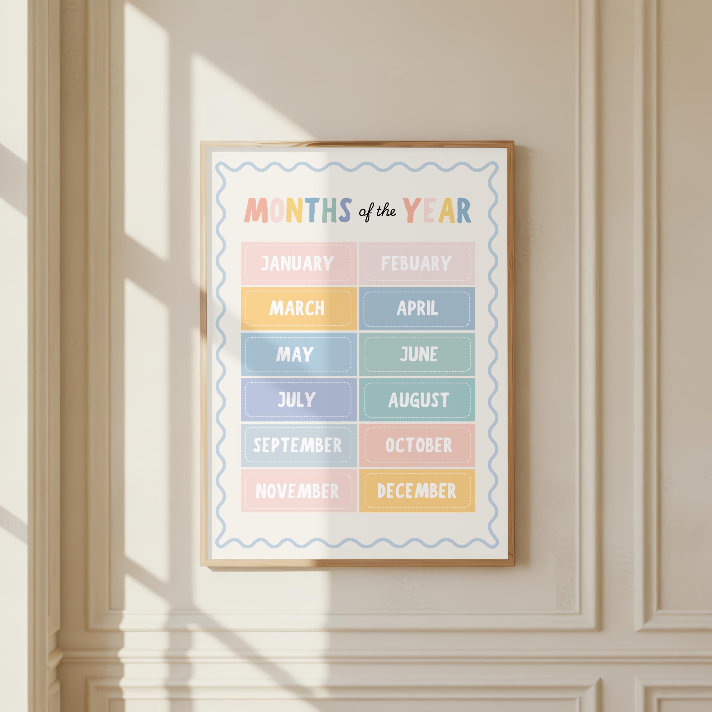 Months of the Year Poster Retro Classroom Calendar Vintage Folk Nursery ...