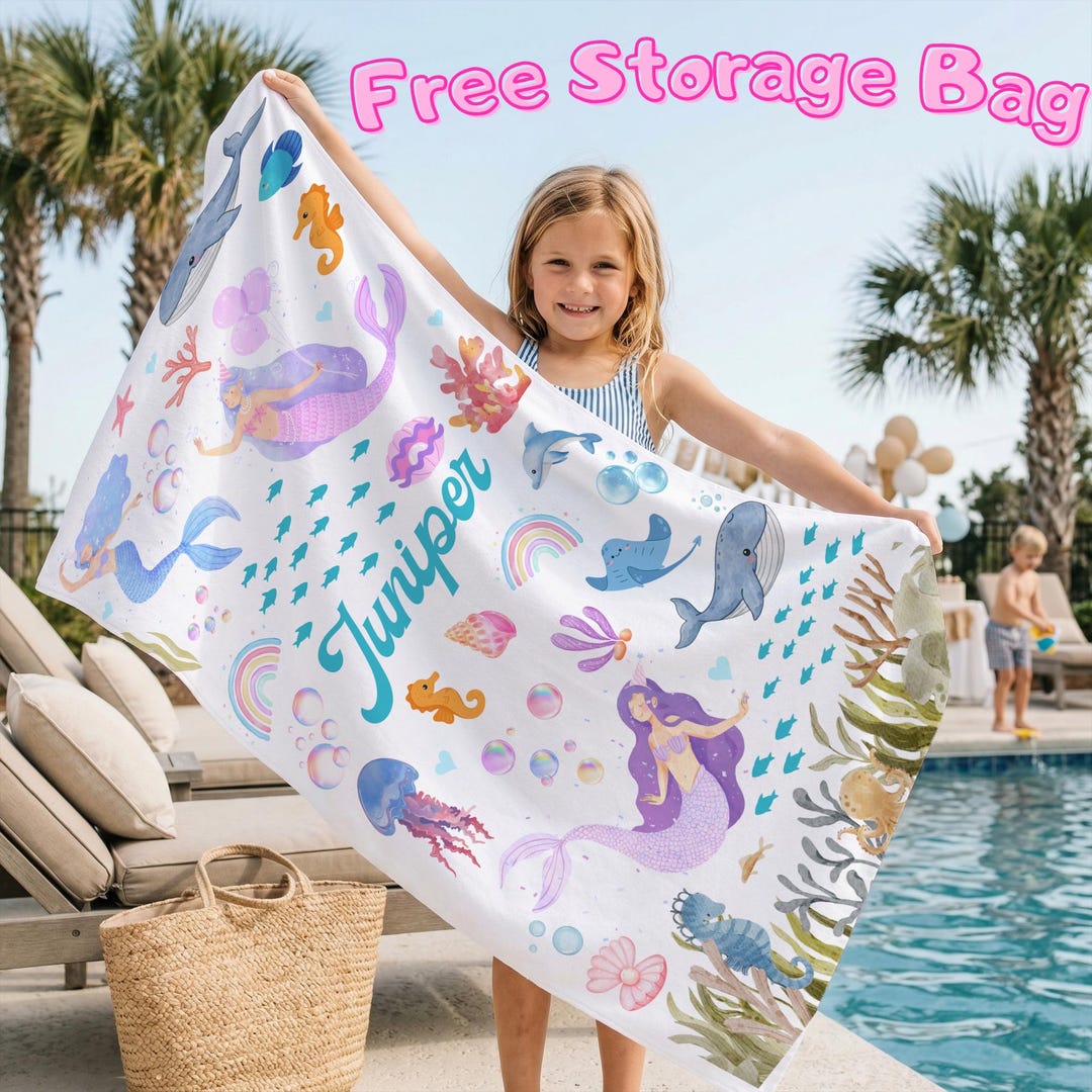 Custom Mermaid Beach Towel,mermaid Kids Name Beach Towel,mermaid ...