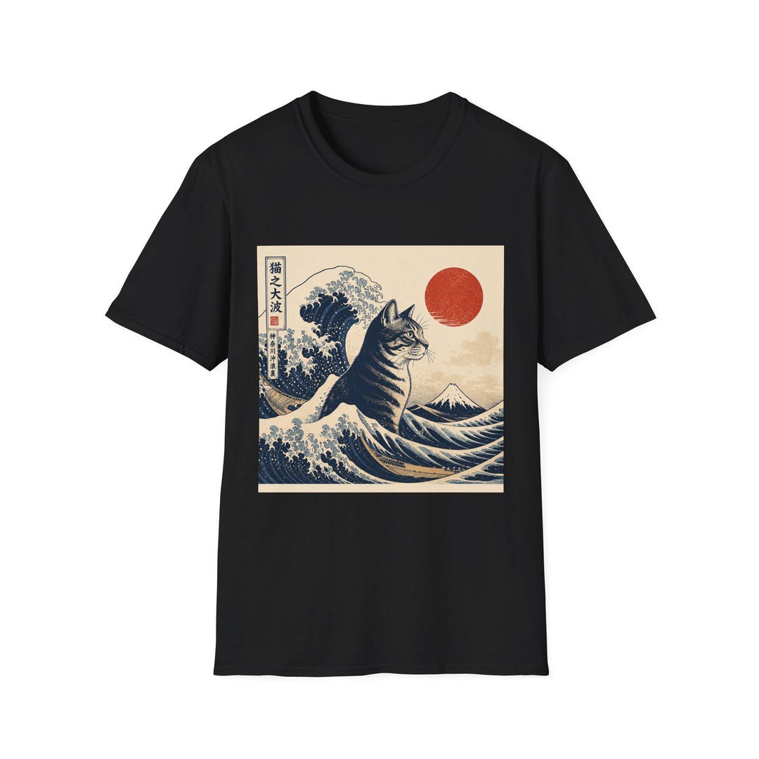 Cat Wave Print T-Shirt | Japanese Ukiyo-e Style, Red Sun - Etsy 日本