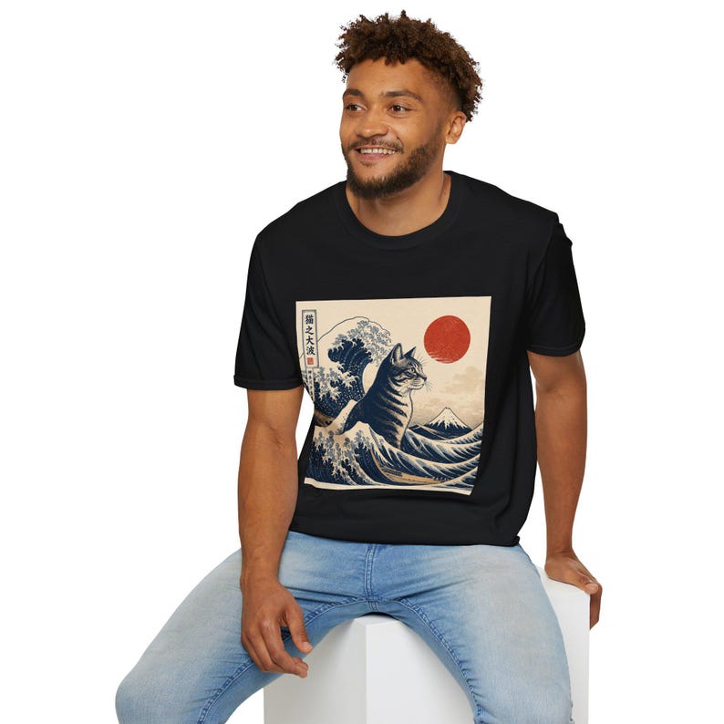 Cat Wave Print T-Shirt | Japanese Ukiyo-e Style, Red Sun - Etsy 日本