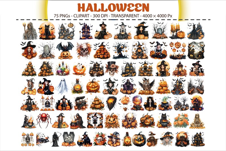 Halloween Clipart Bundle: Witch, Pumpkin, Skull, Ghost (75 PNG Designs ...
