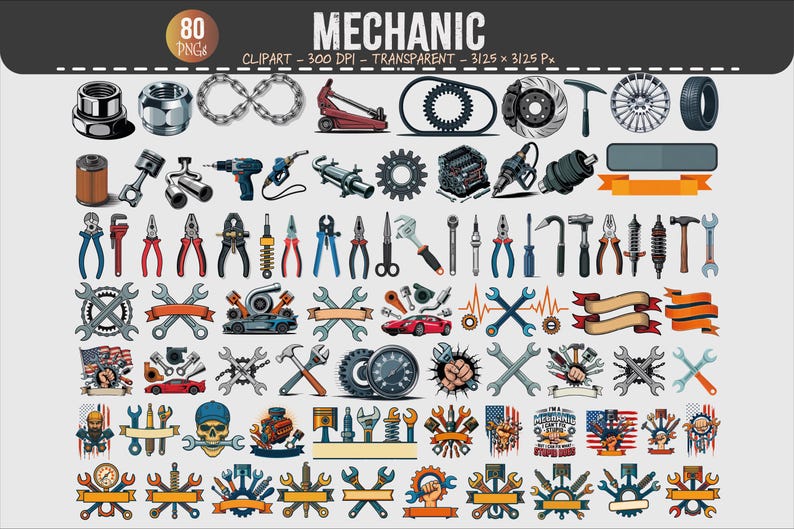 Mechanic Tools Clipart Bundle | 80 PNG | Garage Auto Repair Wrenches ...