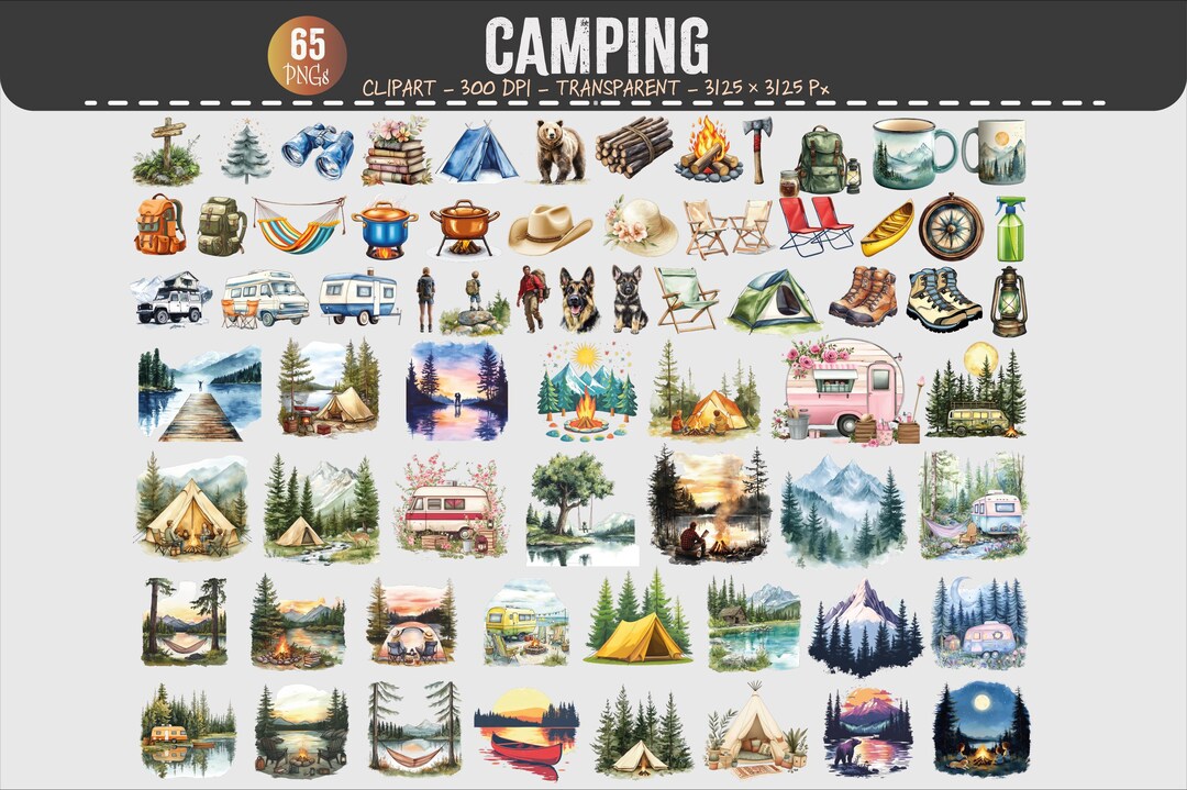 Camping Clipart Bundle Outdoor Adventure PNG Set Tents Campfire Hiking ...