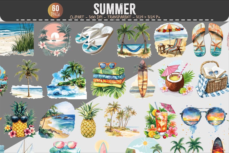 Summer Beach Clipart Bundle Tropical Vacation PNG Set - Etsy