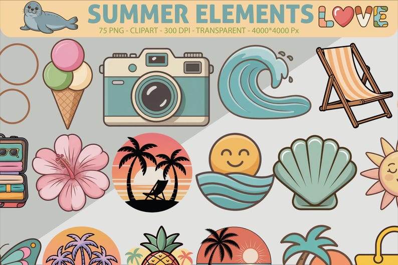 Summer Elements Clipart Bundle Beach Vacation PNG Set 300 DPI - Etsy