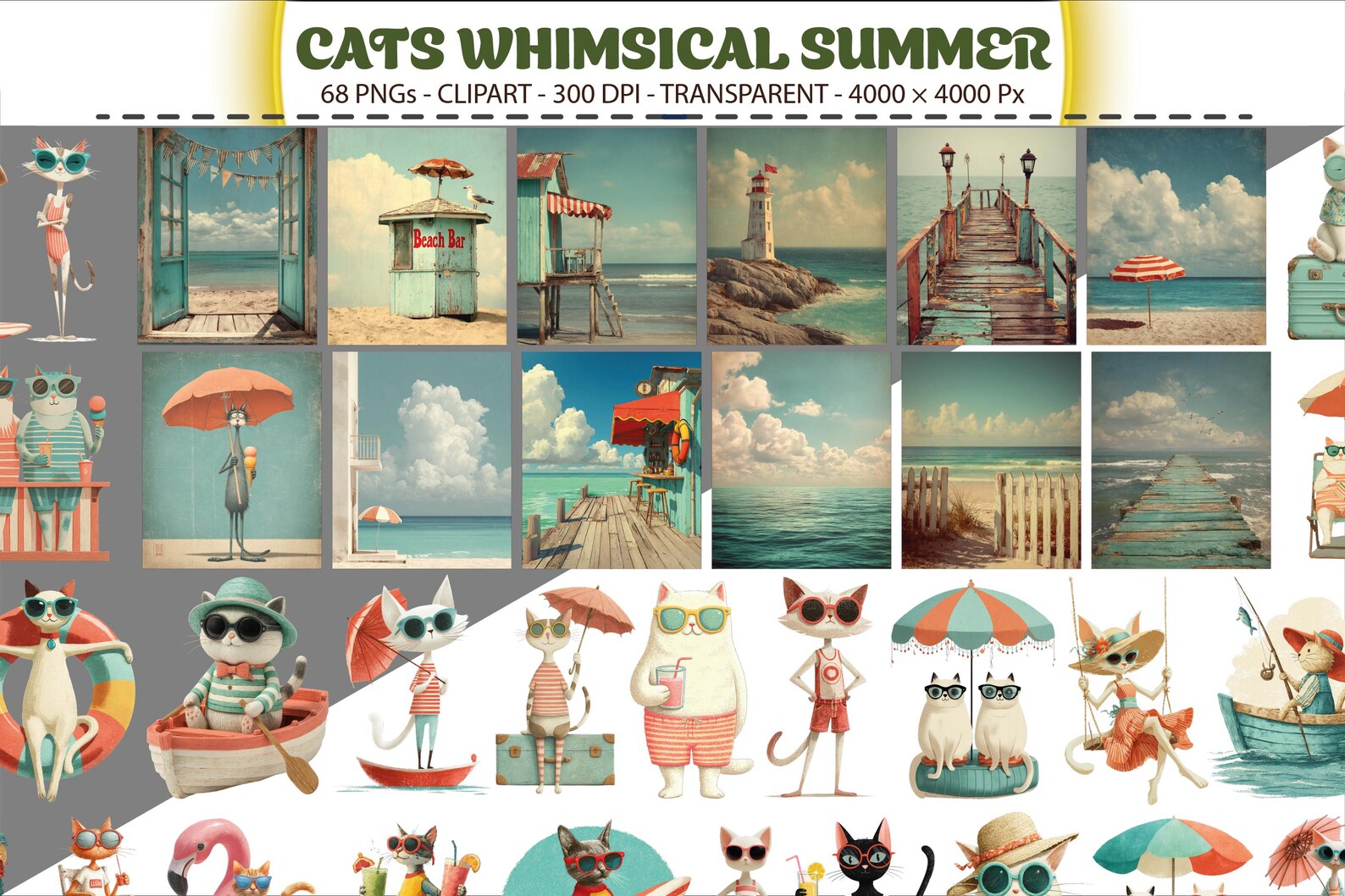 Cats Whimsical Summer Clipart Set | 68 PNG Beach Vacation Cats | 300 ...