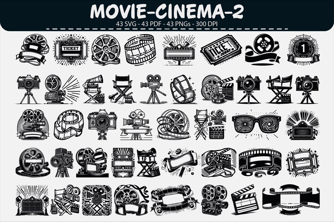 Retro Cinema Clipart Bundle: Film Reels, Camera, Ticket Designs (SVG ...