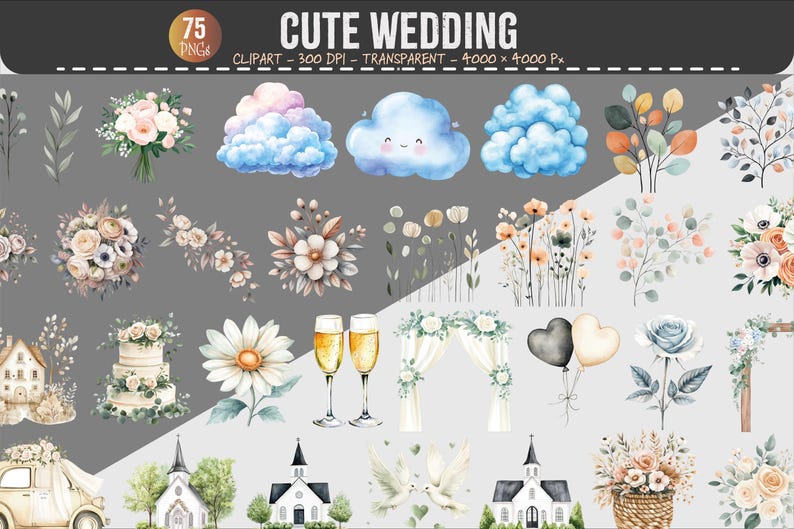 Cute Wedding Clipart Bundle Bride Groom Cartoon Flowers PNG Set ...