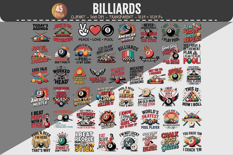 Billiards Clipart Bundle | Funny Pool Player Quotes (45 Pngs) - Etsy
