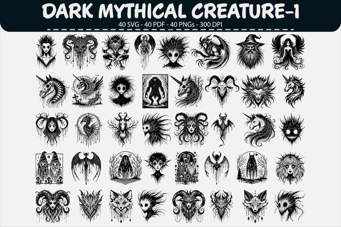 Dark Mythical Creature Clipart Bundle SVG PNG PDF Horror Set - Etsy