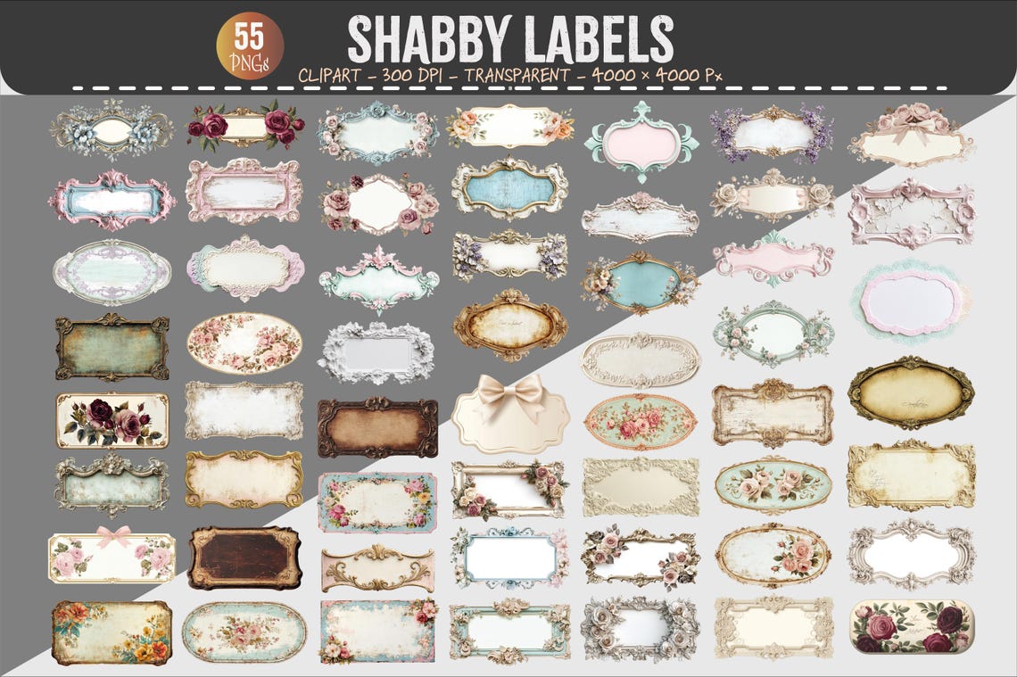 Vintage Floral Labels Clipart | Shabby Chic Frames (55 Pngs) - Etsy