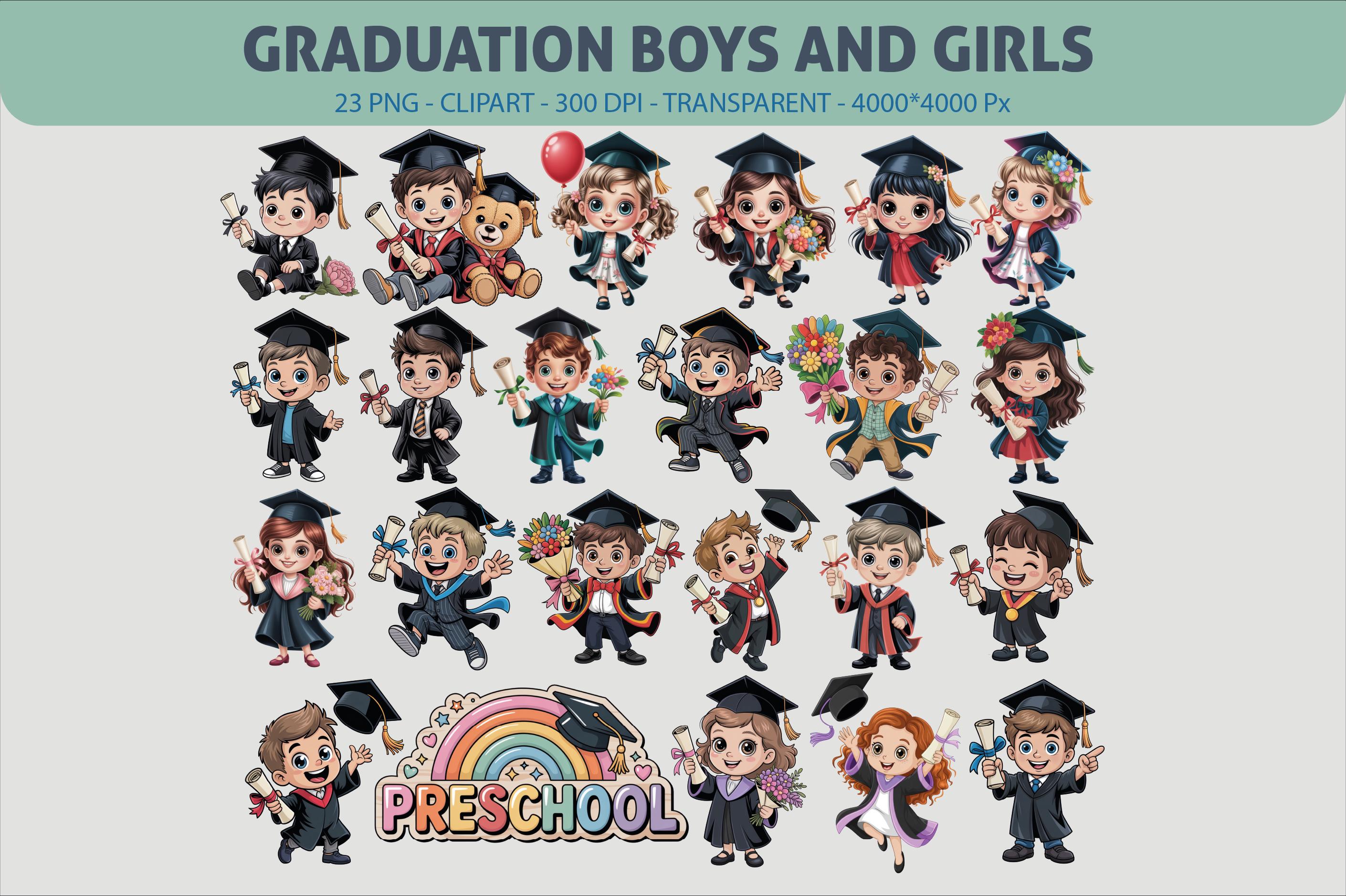Graduation Kids Clipart Bundle Boys Girls Preschool Cartoon PNG Set 300 ...
