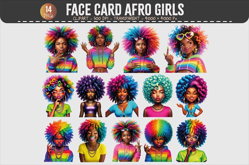 Face Card Afro Girls Clipart Bundle PNG Set 14 Designs 300 DPI - Etsy
