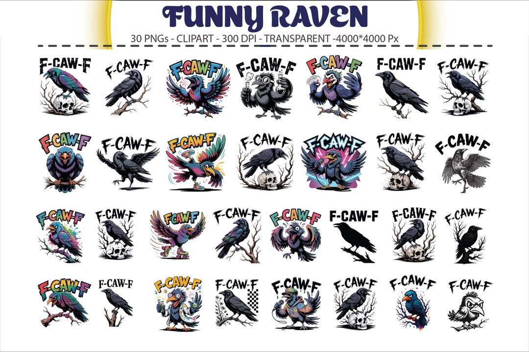 Funny Raven Clipart Bundle | 30 PNG Set | Transparent 300 DPI Digital ...