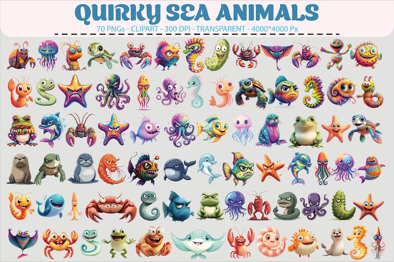 Quirky Sea Animals Clipart Bundle Funny Ocean PNG Set 300 DPI - Etsy