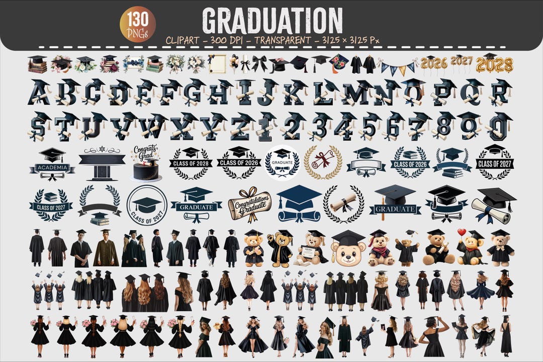 Graduation Clipart Bundle Caps Gowns Letters Numbers Class of PNG Set ...