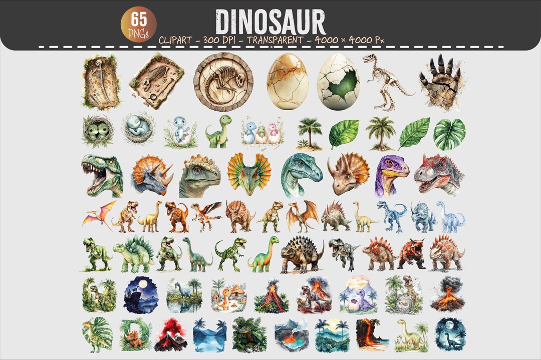 Dinosaur Clipart Bundle | 65 PNG Cute & Realistic Dinosaurs | 300 DPI ...